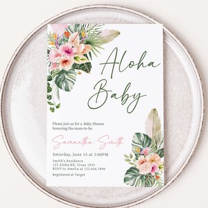 Editable Pink Floral Tropical Baby Shower Invitation Bundle, Aloha Baby ...