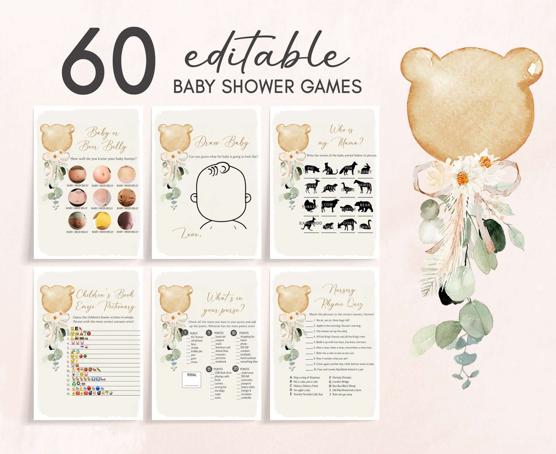 Editable Bear Baby Shower Games Bundle, Teddy Bear Baby Shower Game Pack, Gender Neutral Brown ...