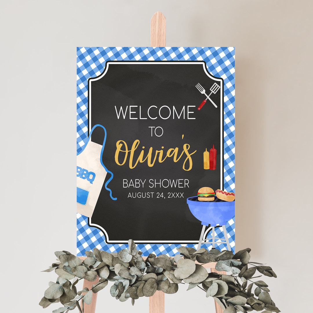 Editable Blue Baby-q Baby Shower Welcome Sign, BBQ Couples Backyard ...