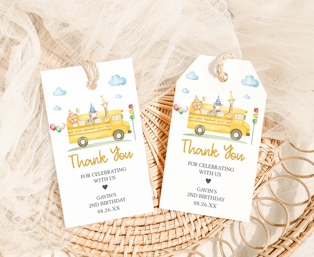 Editable School Bus Birthday Favor Tag, Yellow Bus Birthday Gift Tag ...