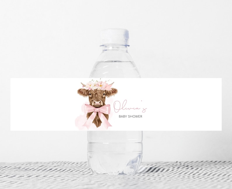 Editable Highland Cow Baby Shower Bottle Label, Pink Coquette Holy Cow ...