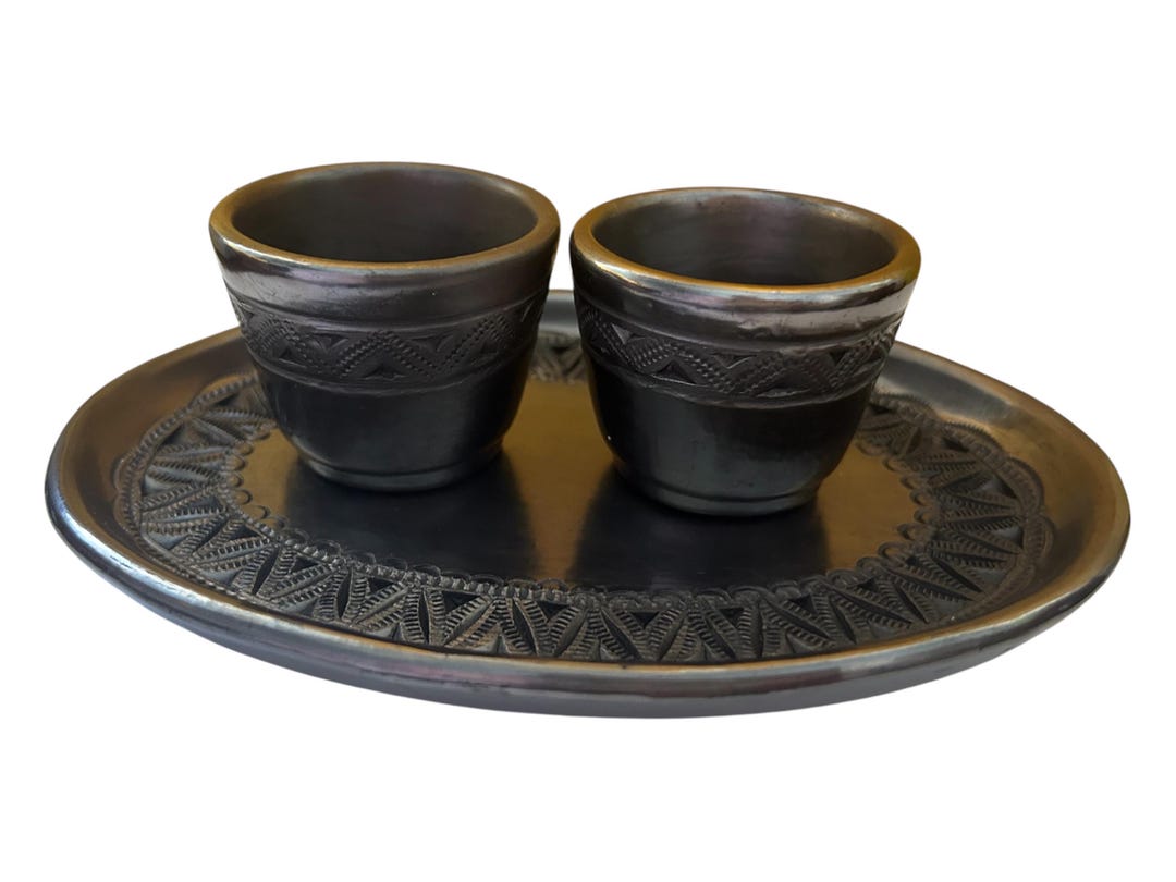 Set De Mezcaleros De Barro Negro Grabado | Black Clay Mezcal Shot ...