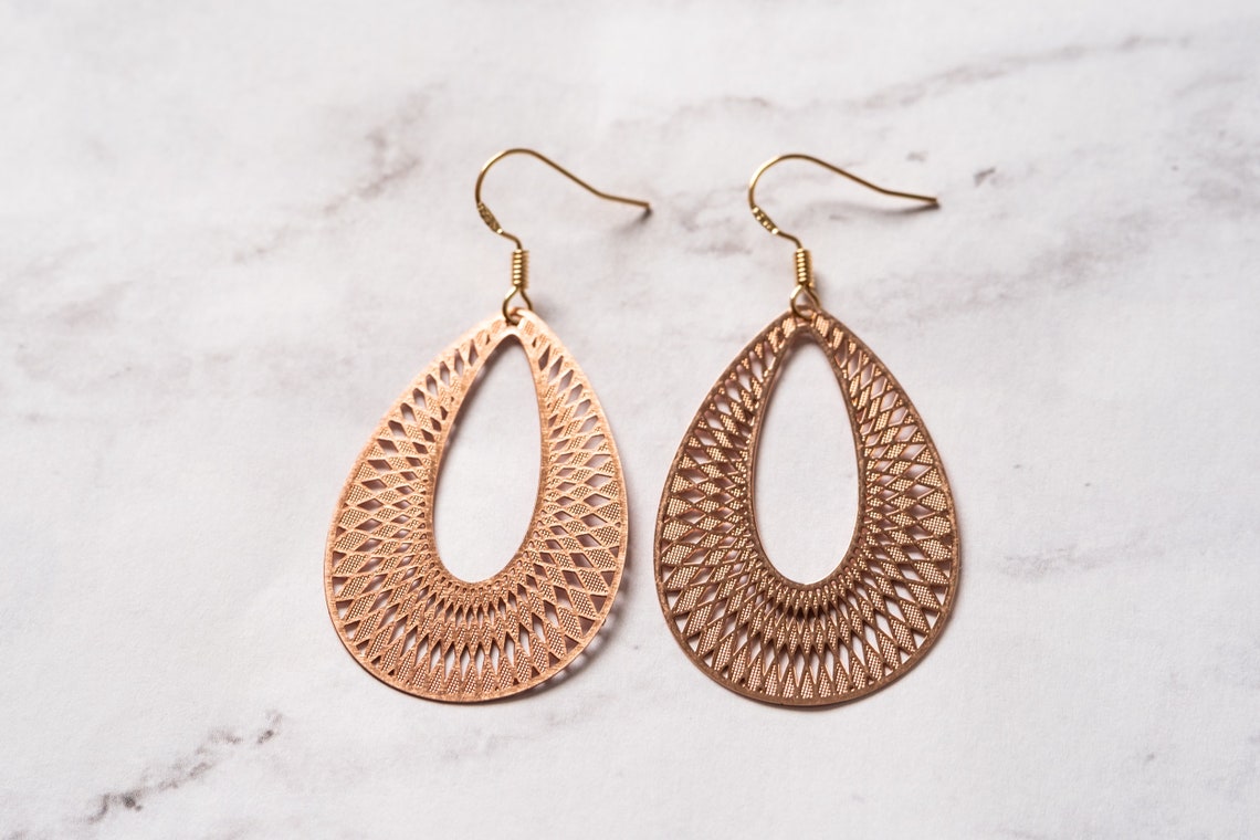 Rose Gold Teardrop Filigree Earrings Long Boho Dangle - Etsy
