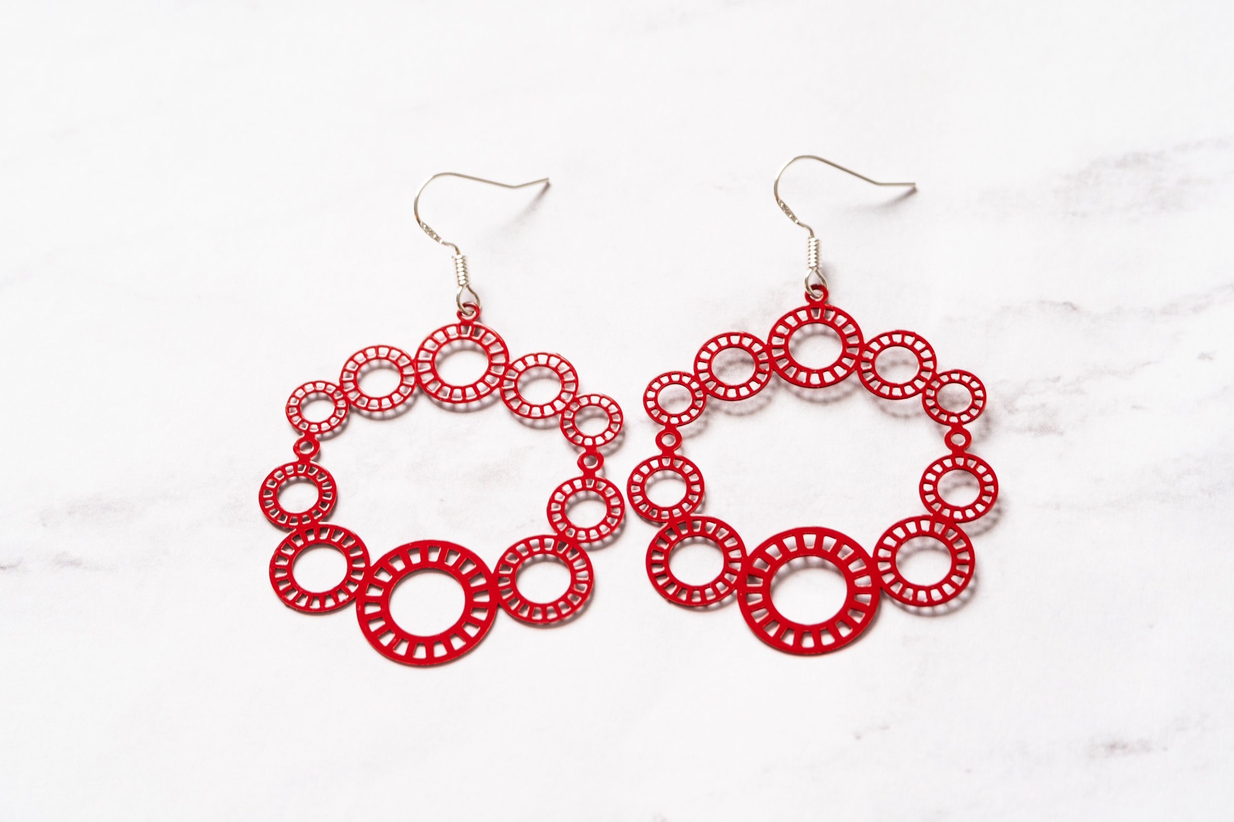 Red Circle Filigree Earrings Boho Earrings Dangle | Etsy