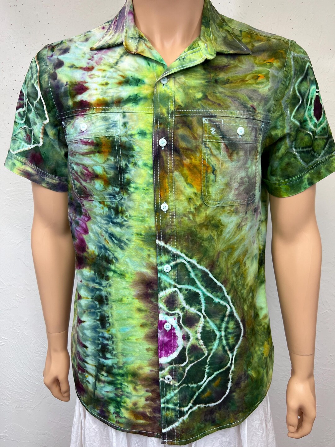 Tie Dye Medium Sized Men Button up Shirt, Short Sleeve, Button Pockets ...