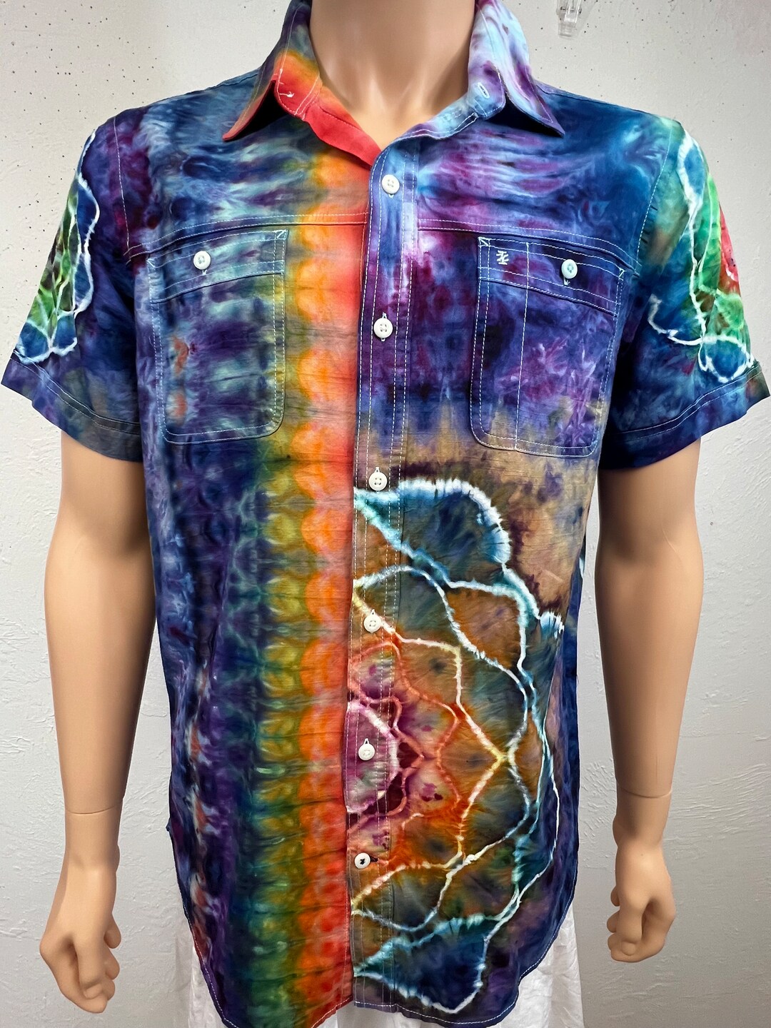 Tie Dye Medium Sized Men Button up Shirt, Short Sleeve, Button Pockets ...