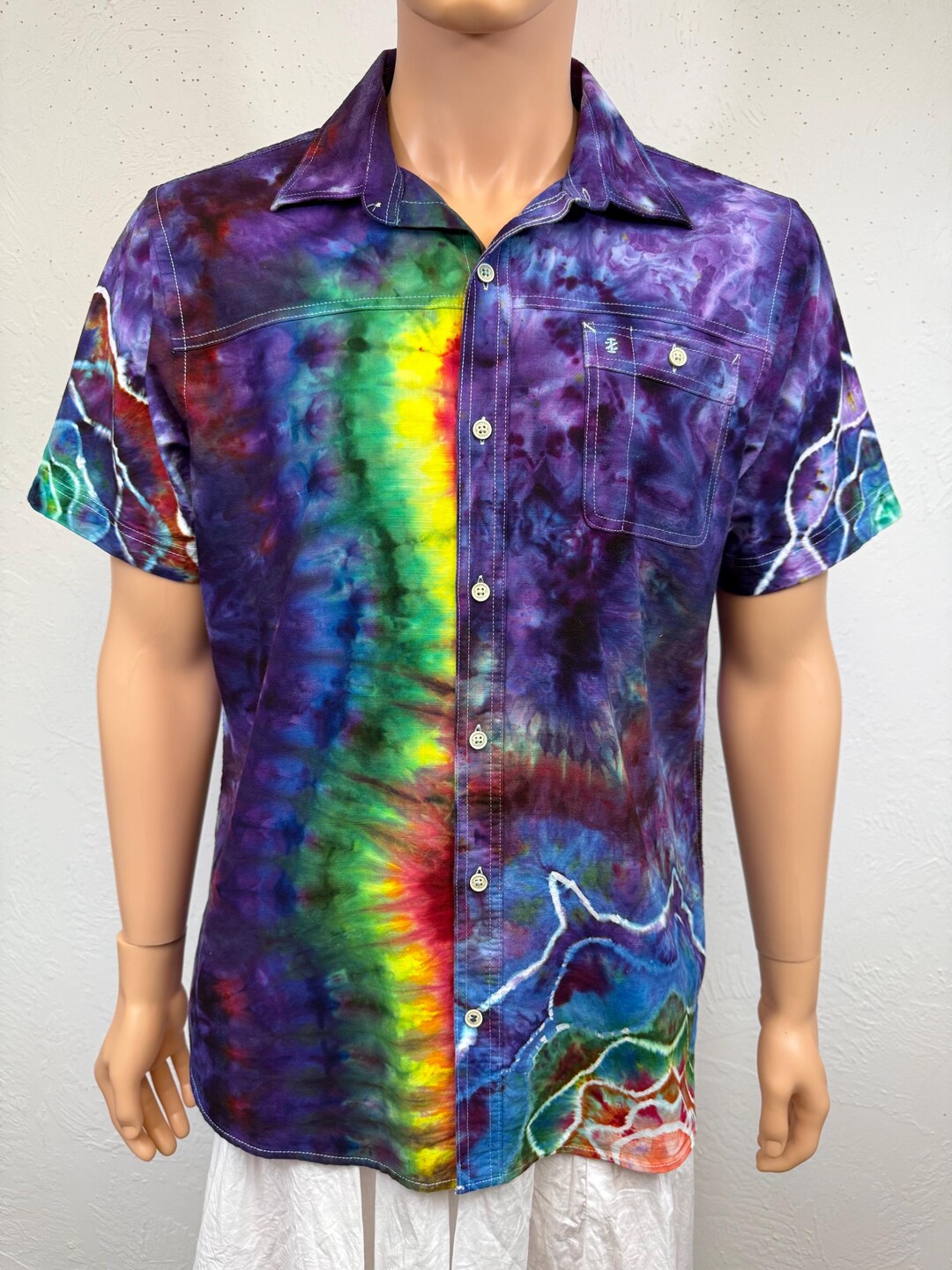 Tie Dye Large Size Men’s Button up Shirt, Short Sleeve, Pockets on ...