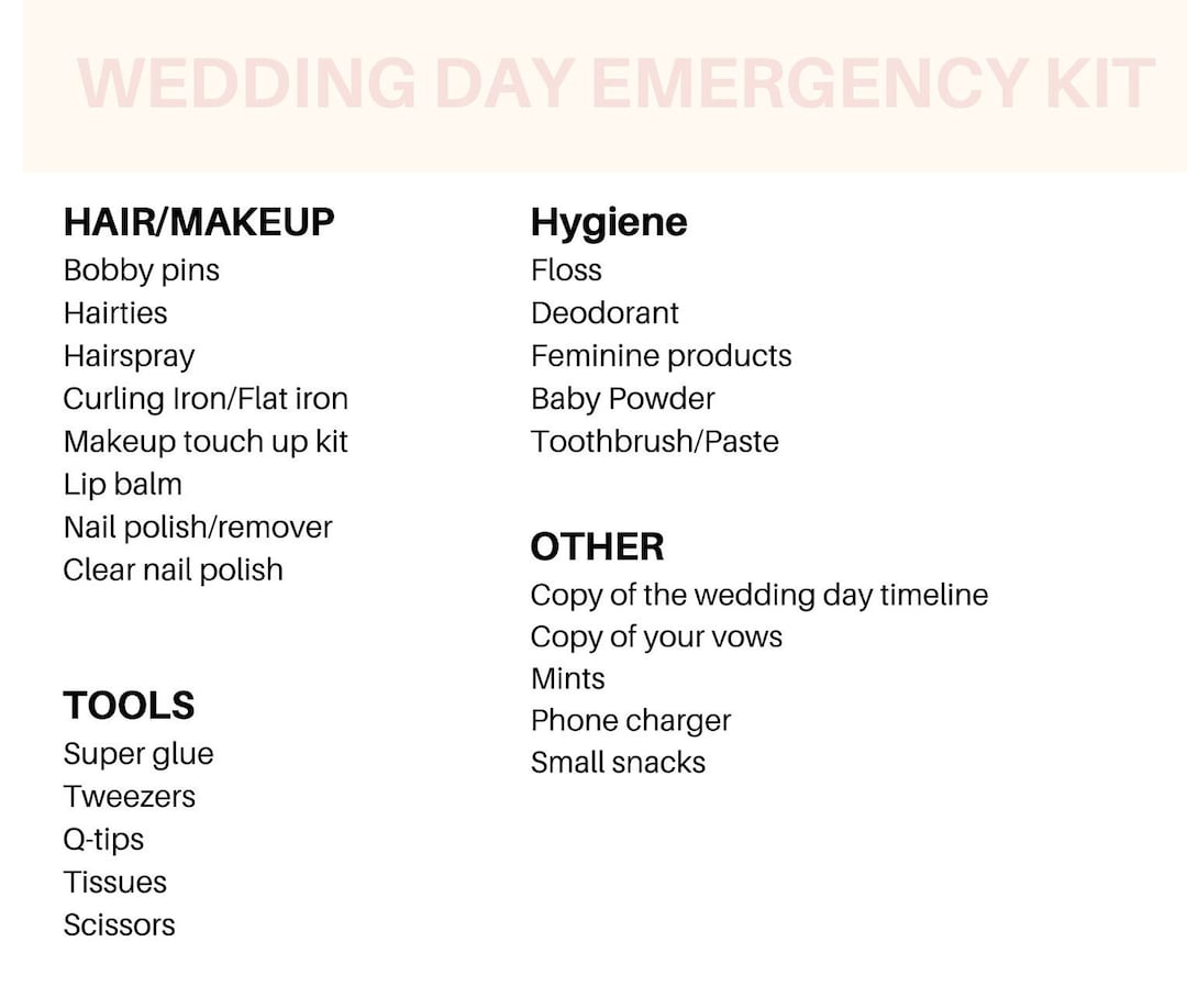 The Wedding Day Emergency Kit List Wedding Day Emergency Kit Checklist