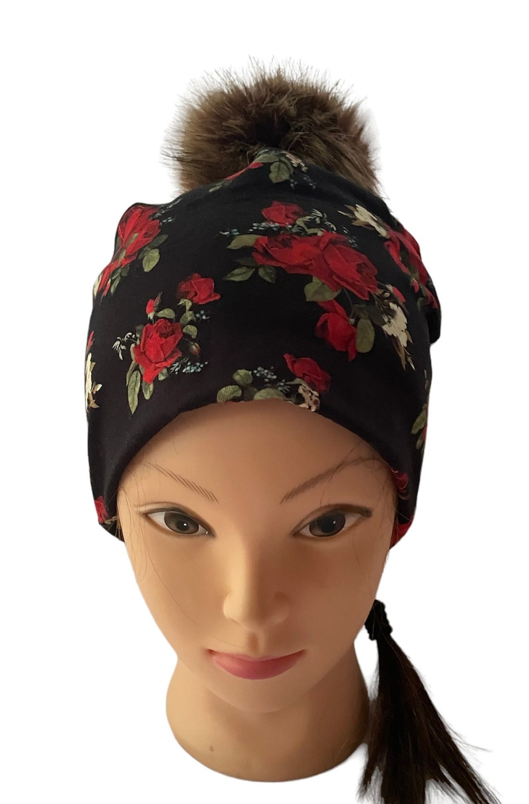 Tuque/beanie/women's Hat in Lined Stretchy Cotton, Black With Red Roses ...