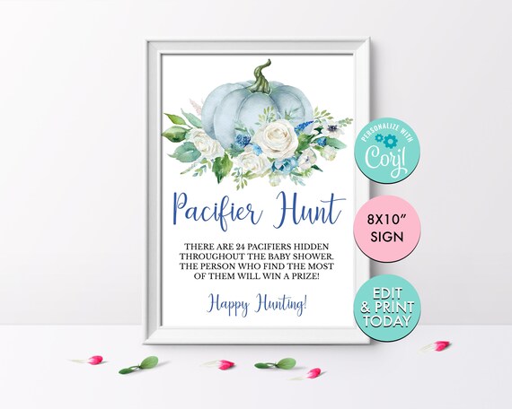 Blue Pumpkin Pacifier Baby Shower Hunt Game Sign Boy Autumn | Etsy