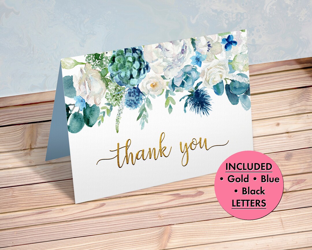 Blue Floral Thank You Card Boho Flowers Blue Wedding Baby - Etsy