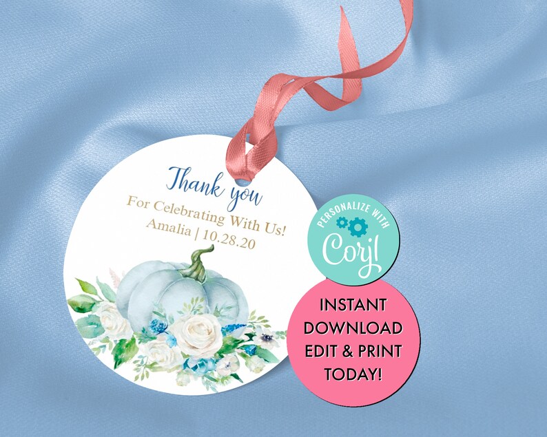 Blue Pumpkin 2 Round Labels Tag Baby Shower EDITABLE - Etsy