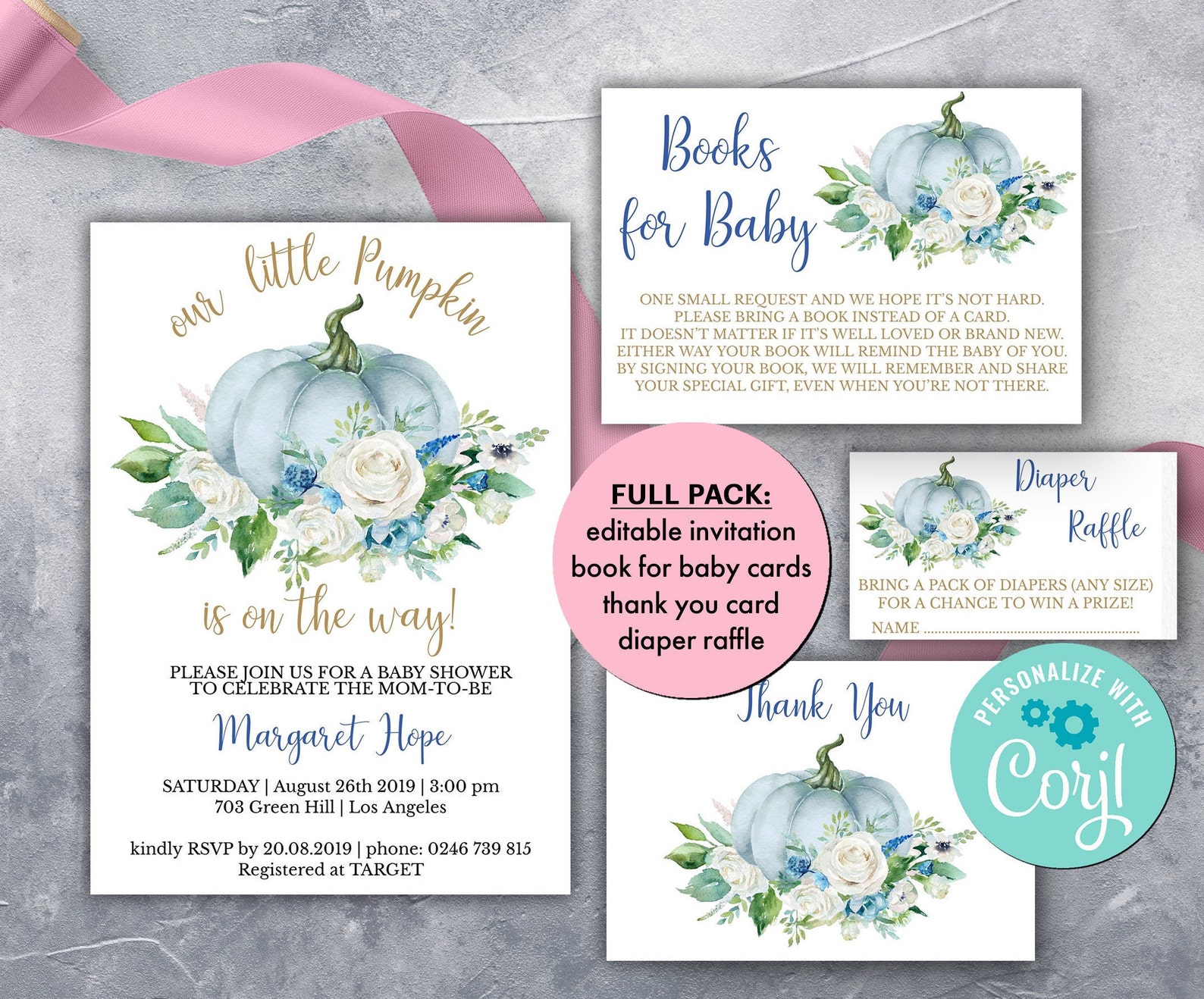 Blue Pumpkin Baby Shower Invitation PACK Autumn Pumpkin Baby - Etsy