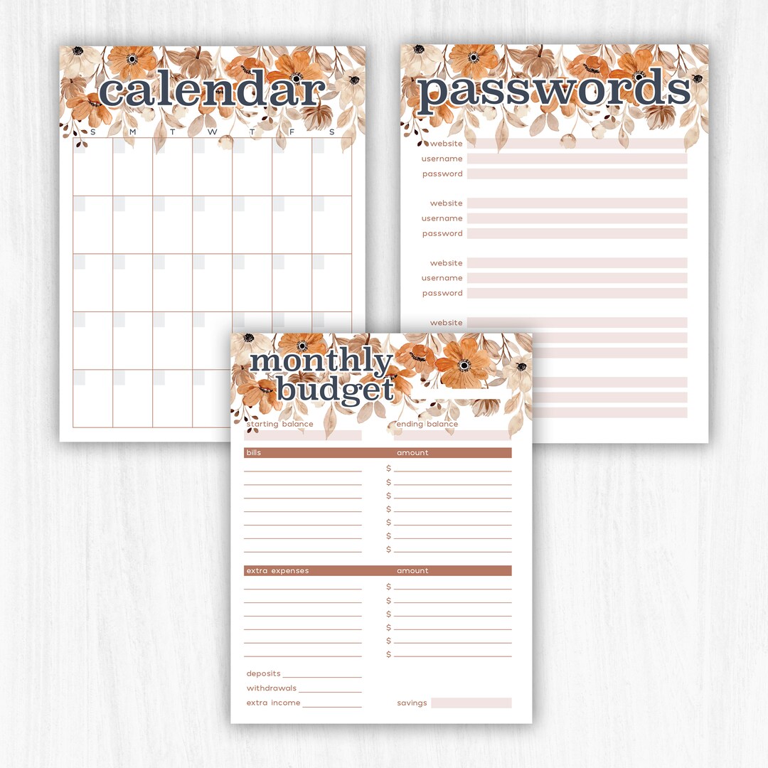 Boho Planner Prints | Blank Calendar Passwords Monthly Budget ...
