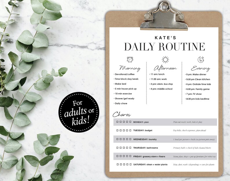 Editable Chore Chart + Daily Routine for Kids or Adults | Minimal ...