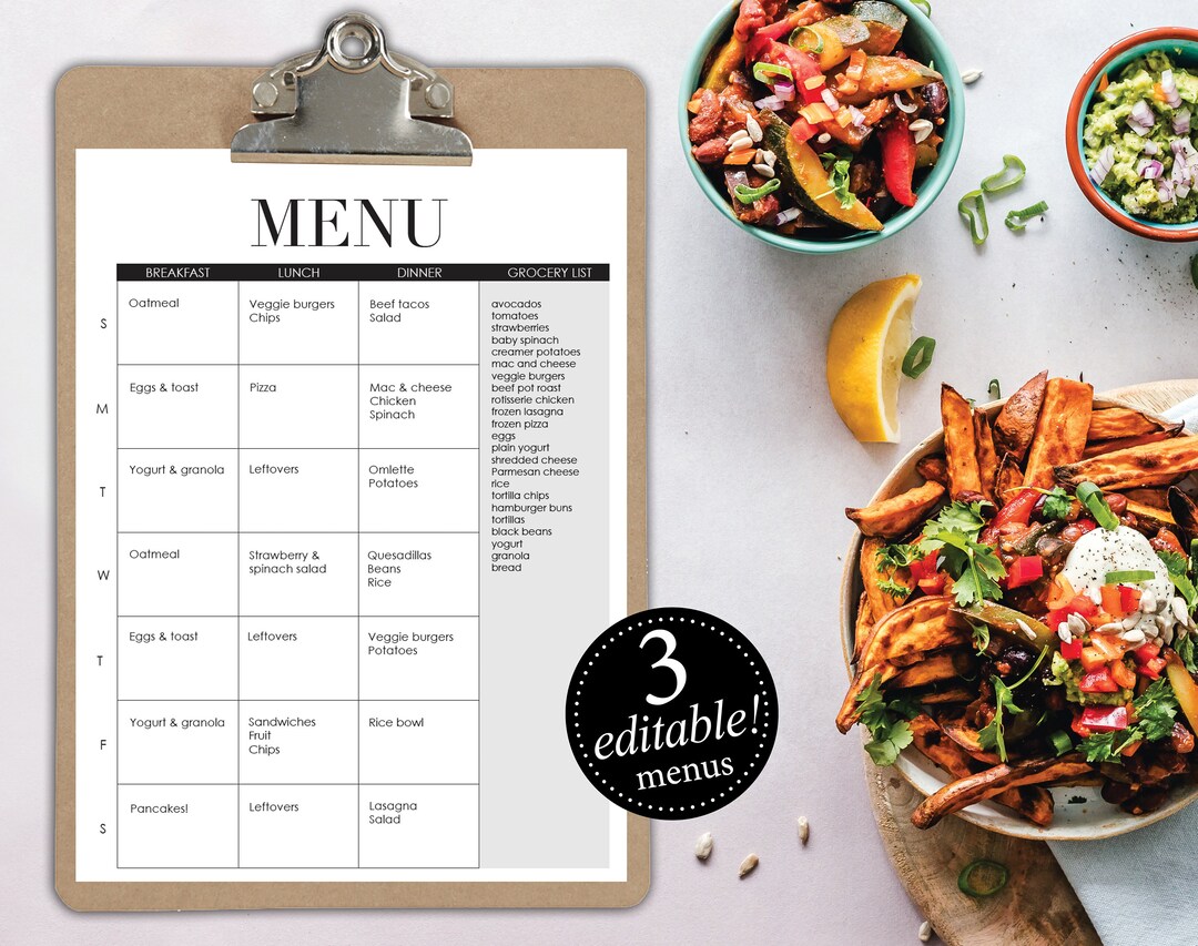 Editable Menus / Meal Planner / Breakfast Lunch Dinner - Etsy