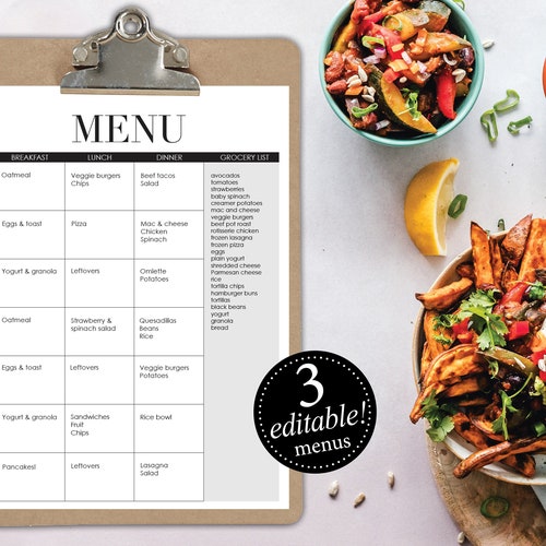 Editable Menus / Meal Planner / Breakfast Lunch Dinner - Etsy
