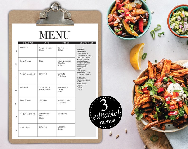 Editable Menus / Meal Planner / Breakfast Lunch Dinner - Etsy