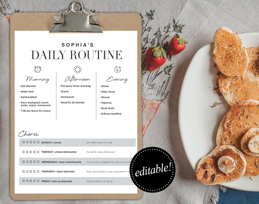 Editable Chore Chart + Daily Routine for Kids or Adults | Minimal ...