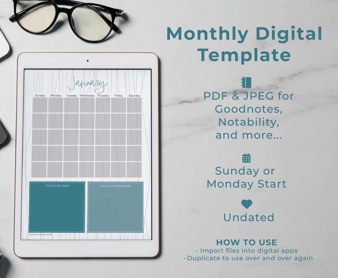 Digital Monthly Calendar Template, Printable PDF & Jpeg, Undated, 12 ...