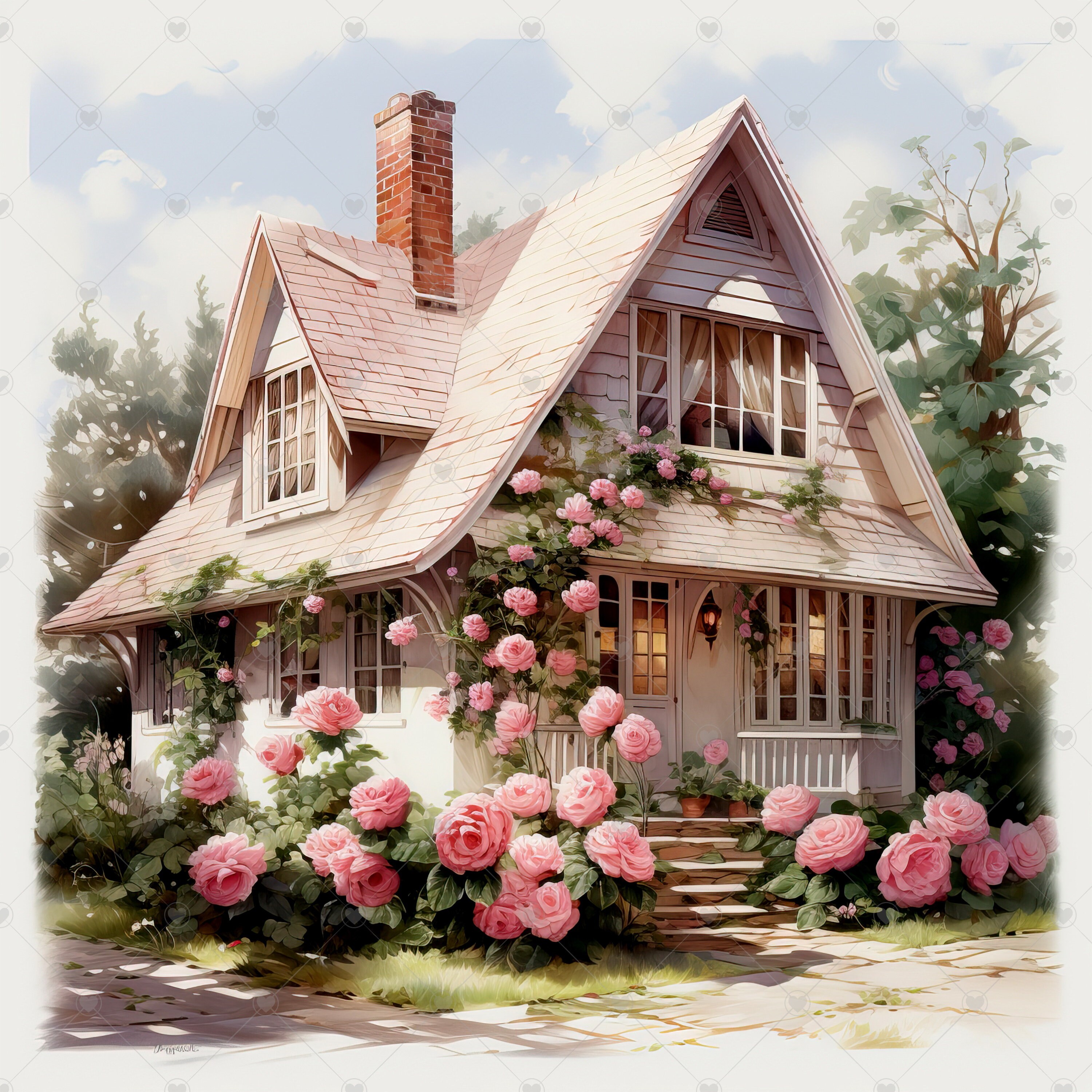 Little White Cottage With Pink Roses JPG Clipart Bundle- Digital ...