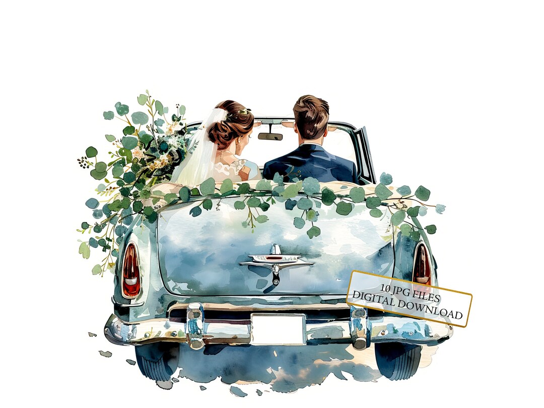 Bride and Groom in Just Married Wedding Car Clipart Bundle- 10 High ...