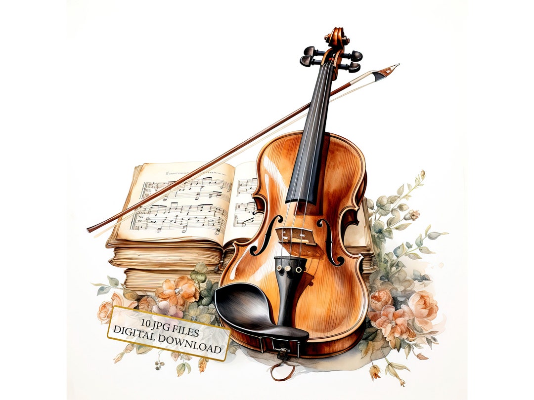 Violin With Music Sheets Clipart Bundle- 10 High Quality Watercolor ...