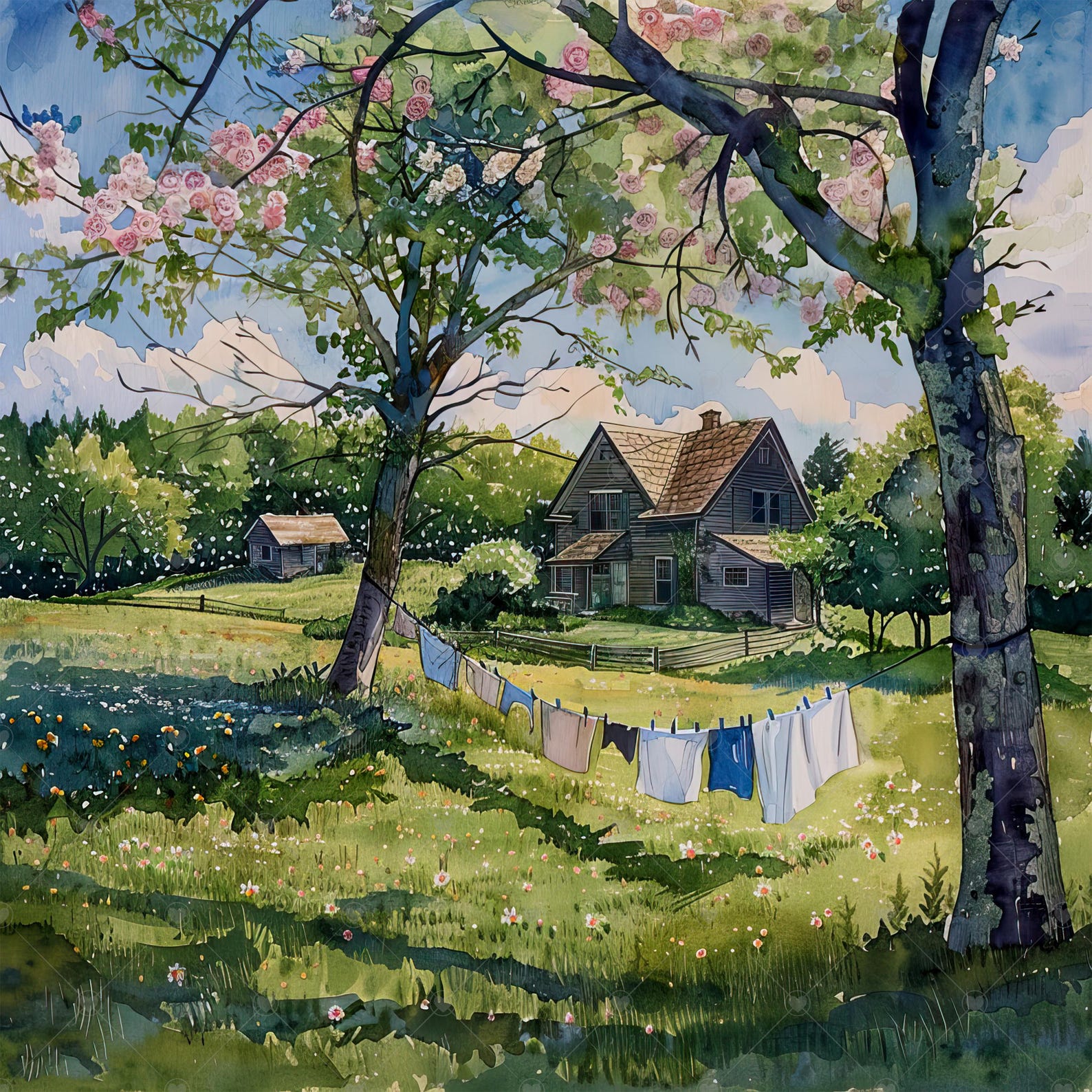 Clothes Drying on Clothesline in a Cottage Garden JPG Clipart Bundle ...