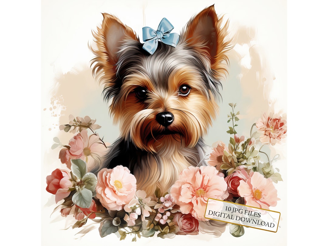 Shabby Chic Yorkshire Terrier Girl With Flowers Clipart Bundle- 10 High ...