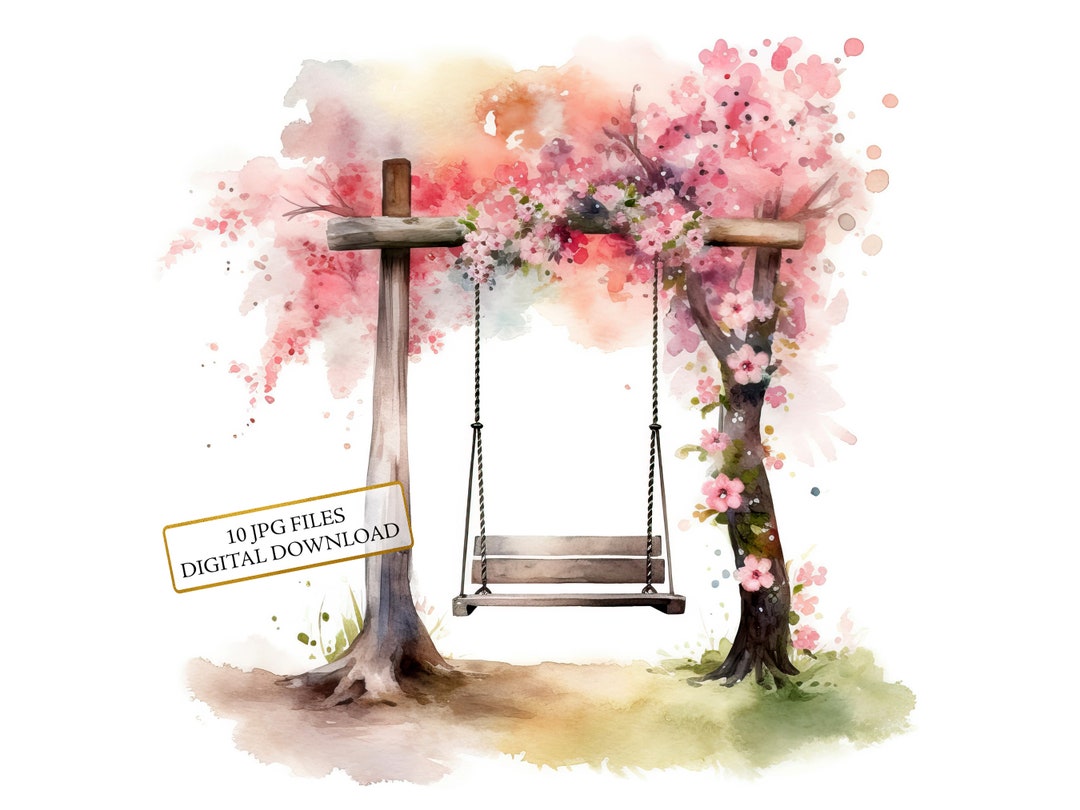 Spring Tree Swing Clipart Bundle- 10 High Quality Watercolor Jpgs ...