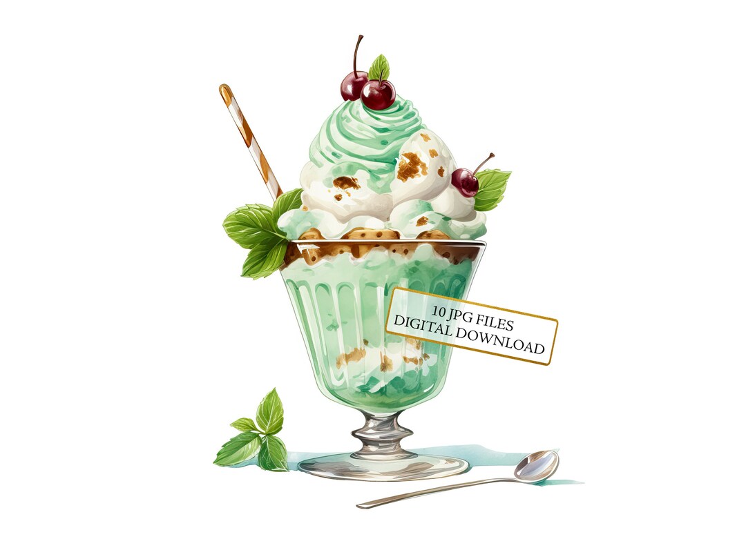 Mint Chocolate Chip Sundae Clipart Bundle- 10 High Quality Watercolor ...