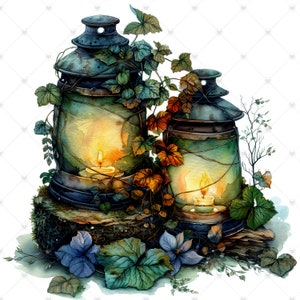 Magical Forest Lanterns Clipart Bundle- 10 High Quality Watercolor Jpgs ...