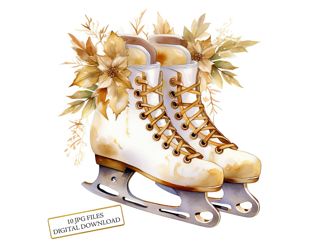White Gold Ice Skates Clipart Bundle- 10 High Quality Watercolor Jpgs ...