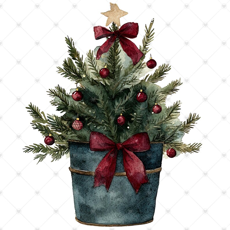 Christmas Tree in a Bucket With Red Ribbon PNG Clipart Bundle- Digital ...