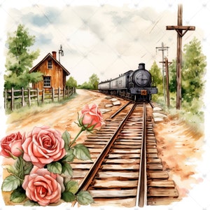 Vintage Train With Pink Roses Clipart Bundle- 10 High Quality ...