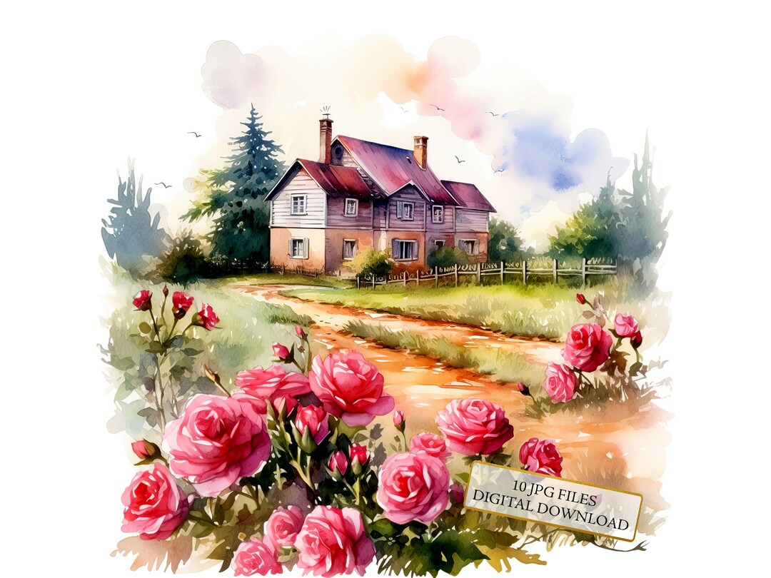Rose Field With a Vintage House Clipart Bundle- 10 High Quality ...