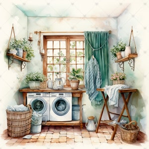 Retro Laundry Room Clipart Bundle- 10 High Quality Watercolor Jpgs ...