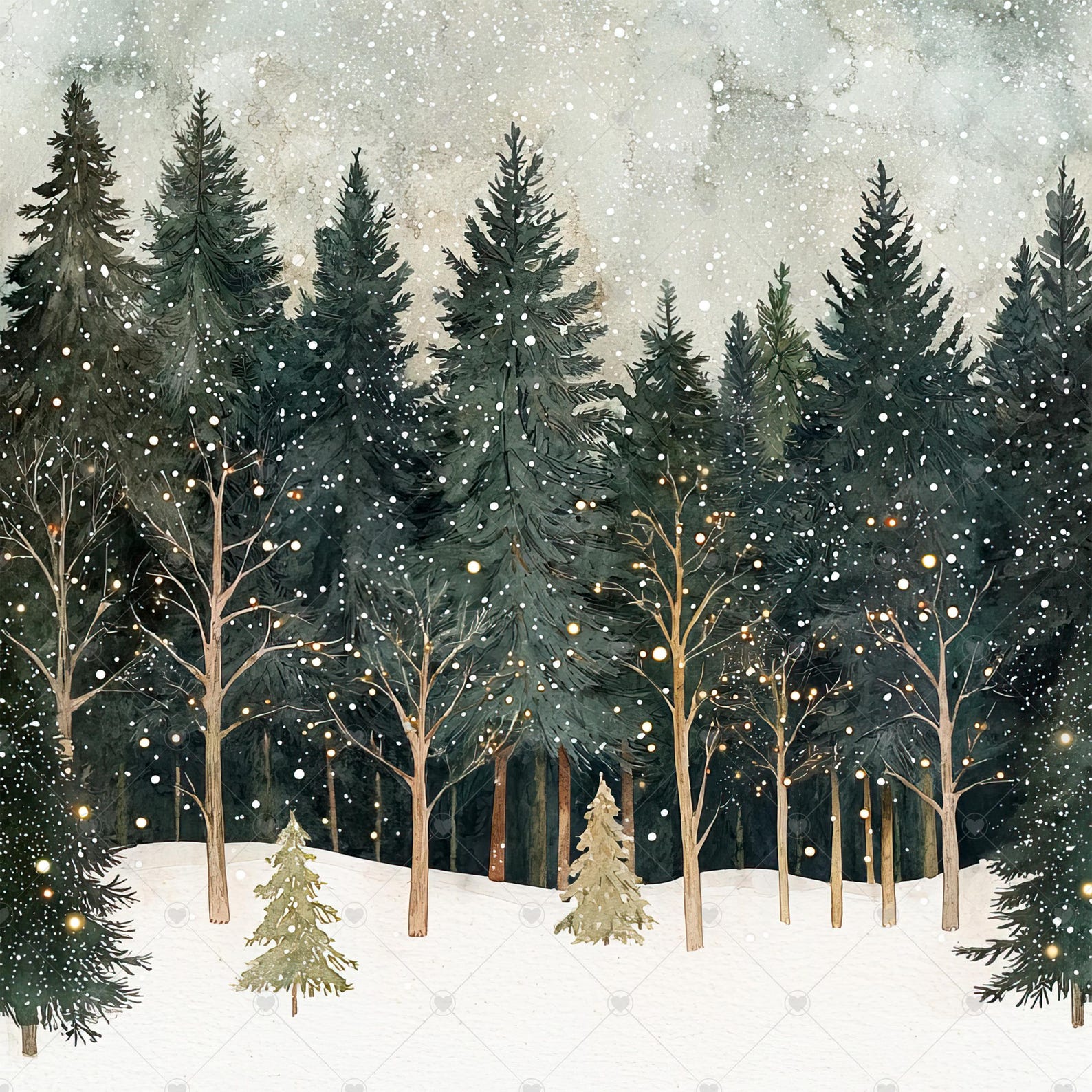 Snowy Pine Forest With Christmas Lights JPG Clipart Bundle- Digital ...