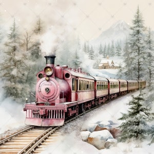 Vintage Pink Sage Christmas Train in Snowy Scenery JPG Clipart Bundle ...