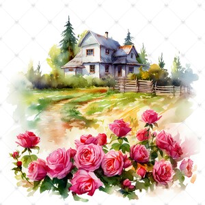 Rose Field With a Vintage House Clipart Bundle- 10 High Quality ...