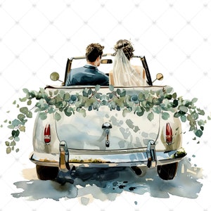 Bride and Groom in Just Married Wedding Car Clipart Bundle- 10 High ...