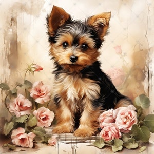 Shabby Chic Yorkshire Terrier With Flowers Clipart Bundle- 10 High ...