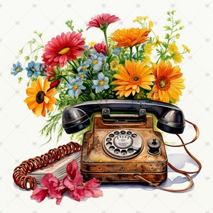 Retro Telephone With Flowers Clipart Bundle- 10 High Quality Watercolor ...