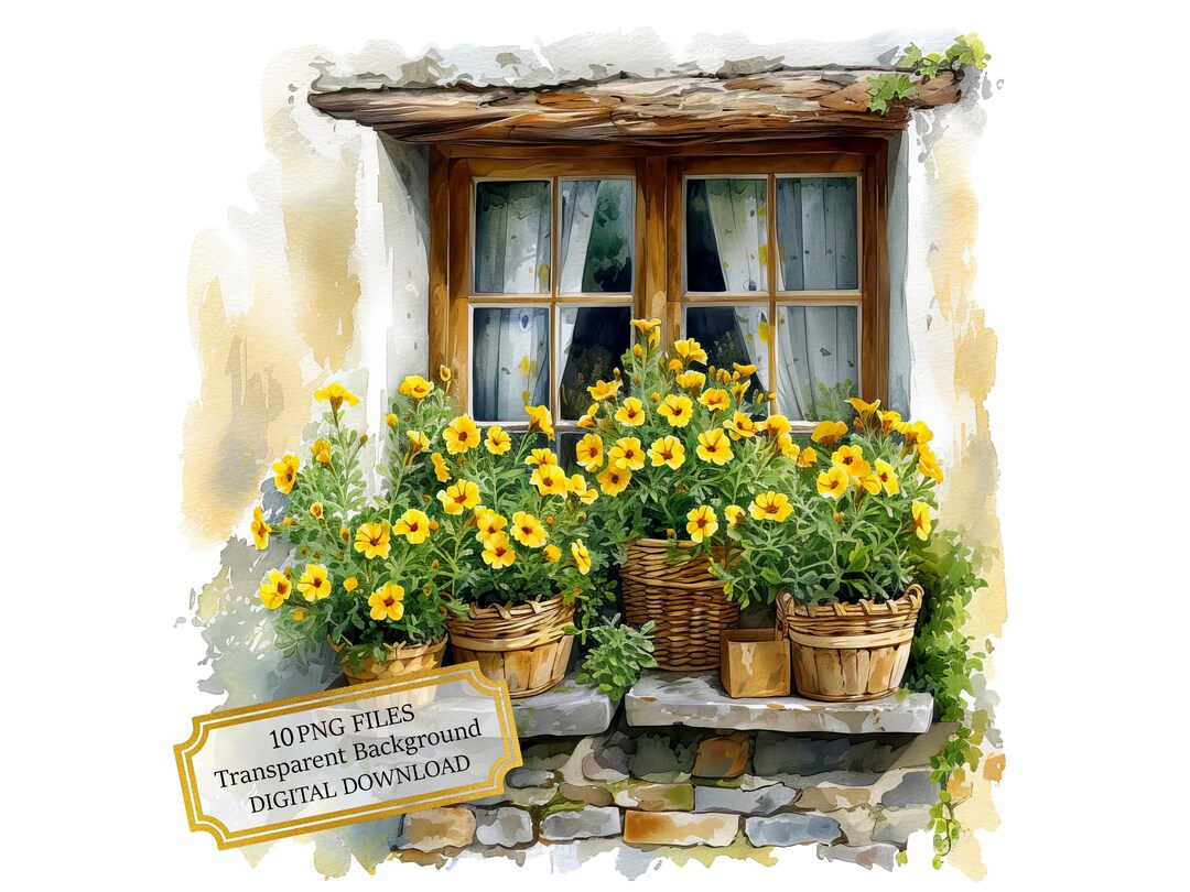 Country Cottage Window With Potted Primrose PNG Clipart Bundle- Digital ...