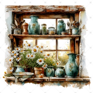 Rustic Cottage Kitchen Window With Daisies Clipart Bundle- 10 High ...