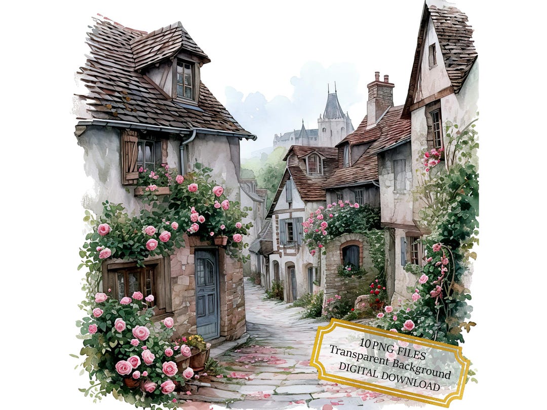 Old French Village Overgrown With Flowers PNG Clipart Bundle- Digital ...