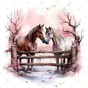 Horses in Love by a Floral Fence Clipart Bundle 10 High Quality ...