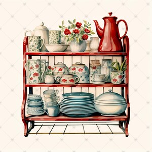 Retro Red Dish Drying Rack Clipart Bundle- 10 High Quality Watercolor ...
