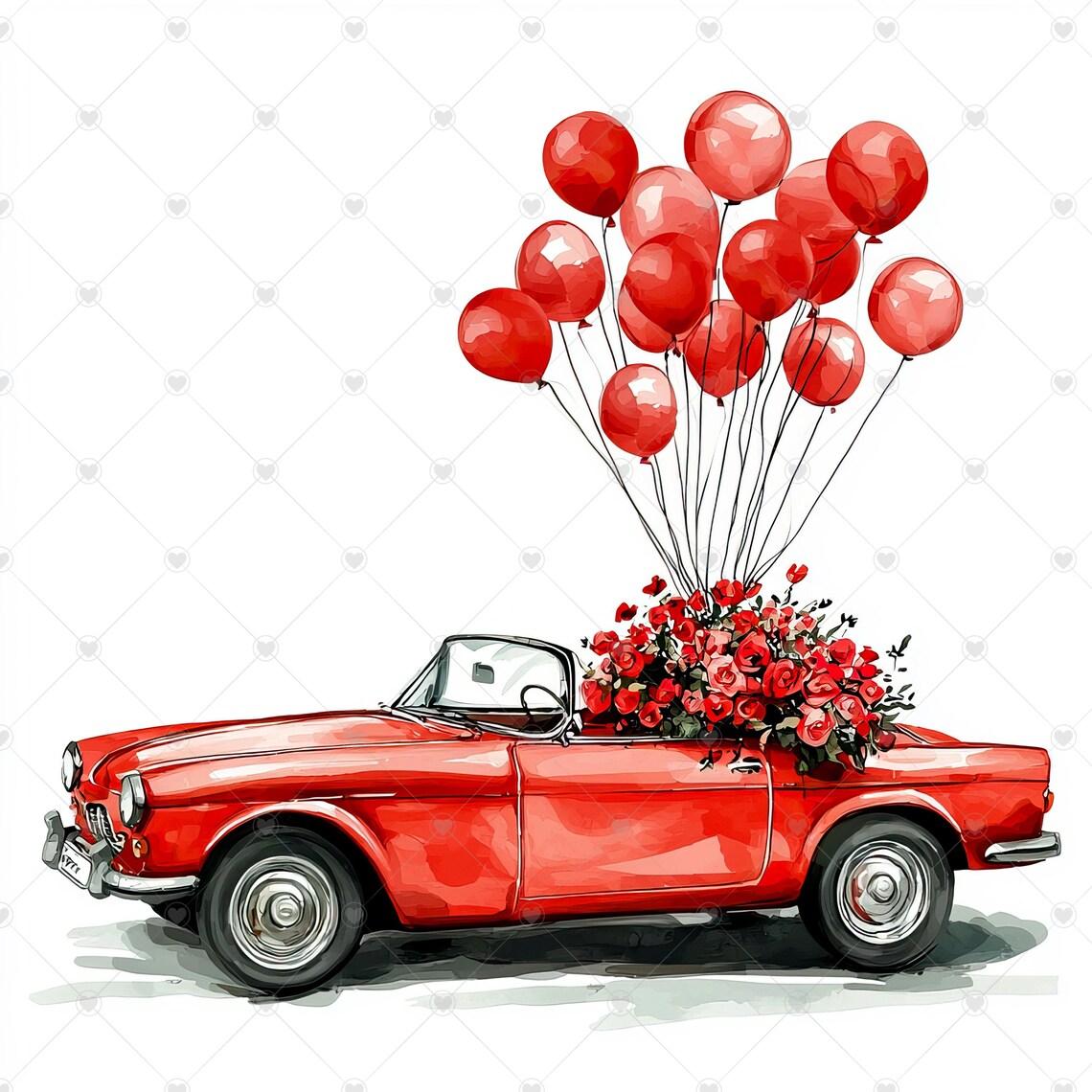 Retro Red Convertible Car With Balloons and Flowers JPG Clipart Bundle ...