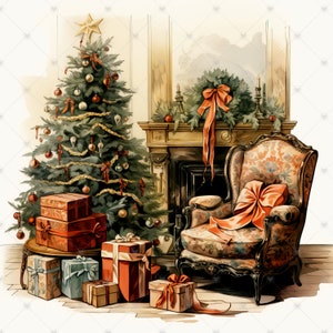 Vintage Christmas Living Room Clipart Bundle- 10 High Quality ...